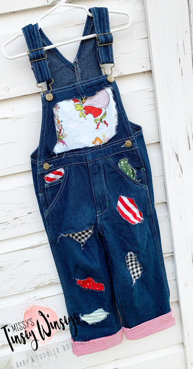 Grinch Distressed Denim Overalls – Missy’s Tinsey Winseys